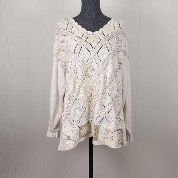 Vintage | Sweaters | 9s Cottagecore Knit Cotton Granny Square Sweater ...